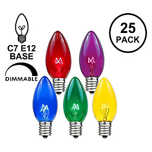Novelty Lights Incandescent Replacement Bulbs - Outdoor Individual Bulbs For Events, Holiday Parties, Patios, And More - C7/E12 Candelabra Base, 5 Watt Lights (Multicolor, 25 Pack)