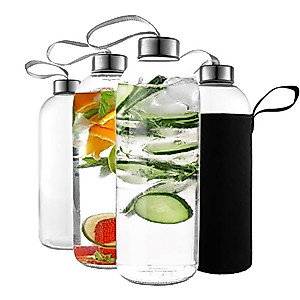 Kitchen Lux 32 oz Glass Water Bottle Set of 4 - Glass Water Bottles Caps & Sleeve, Reusable Glass Bottle Lids, Clear Glass Bottles, Refillable Glass Juice Bottles for Juicing, Juicer Bottles