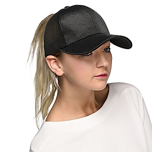 C.C Hatsandscarf Ponytail caps Messy Buns Trucker Plain Baseball Cap (BT-6) (Glitter-Black)