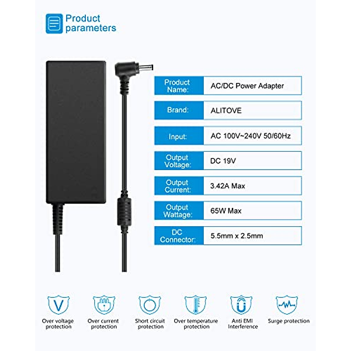 ALITOVE 65W 45W 33W Universal Laptop Charger,19V 3.42A-1.7A Monitor Power Supply Cord for Samsung LG TV HP Monitor Acer Spire Spin Chromebook Toshiba Satellite ASUS Gateway Harmon Kardon Speaker