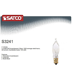 Satco S3241, 7 1/2W CAND Turn TIP CLR, 7.5 Watt CA5 Incandescent; Clear; 1500 Average Rated Hours; 40 Lumens; Candelabra Decorative Light Base; 120 Volt (25 Light Bulbs)