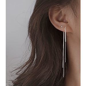 SLUYNZ 925 Sterling Silver CZ Dangle Earrings Chain for Women Teen Girls Long Dangle Earrings Tassel with Snake Chain Backs3 (A-Silver)