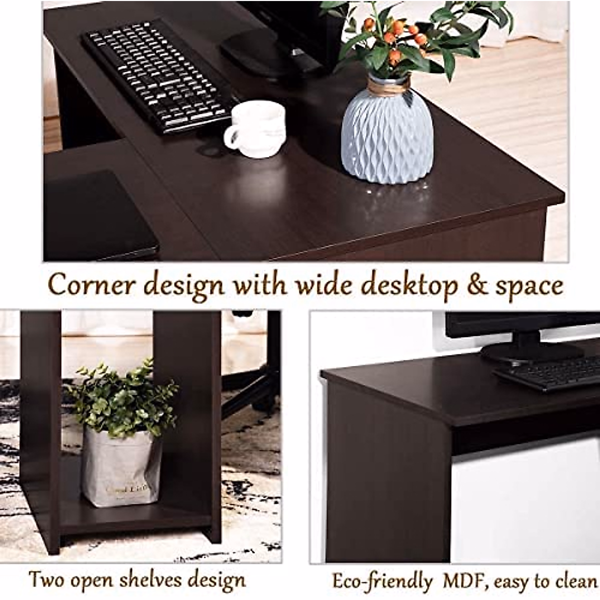 FurnitureR Computer Desk with Bookshelf Industrial Style Study Table Computer Gaming Desk with Storage, Wooden L-Shaped Corner Desk Save Space for Home Office, Brown