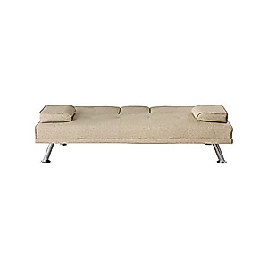 67" Leather Multifunctional Double Convertible Folding Futon Sofa Bed, Adjustable Couch Sleeper Modern for Office with 2 Cupholders, Removable Armrests (Beige)