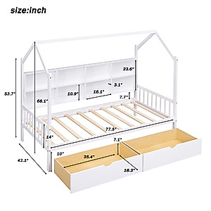 Wooden Twin Size House Bed with 2 Drawers for Boys Girls Kids Toddler,Kids Bed with Storage Shelf, White