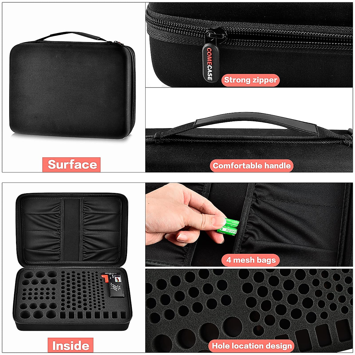 Comecase Hard Battery Organizer Storage Box, Carrying Case Bag Holder - Holds 148 Batteries AA AAA C D 9V - with Battery Tester BT-168 (Batteries are Not Included)