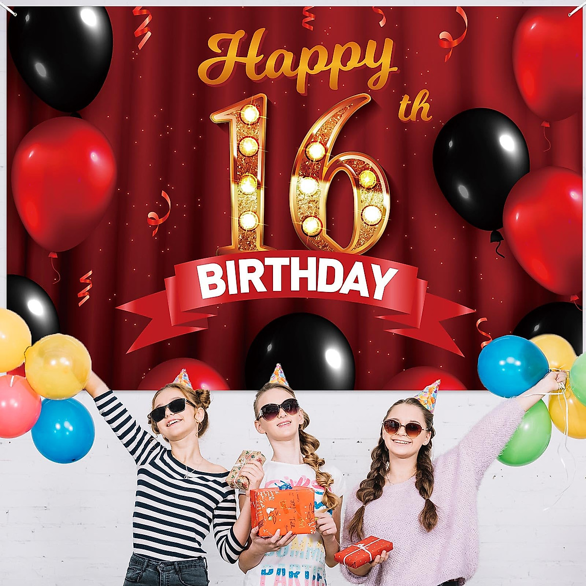 Happy 16th Birthday Red Banner Gold Backdrop Red and Black Balloons Theme Decor for Girls Women Princess 16 Years Old Birthday Party Supplies Photo Booth Props Background Favors Decorations Glitter