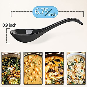 Wareland Asian Soup Spoon Set of 6, 6.75 inch Ultra-fine Ceramic Chinese Soup Spoons, Black Japanese Soup Spoon for Cereal Stews Ramen Pho Wonton Dumpling Miso, Deep Oval Hook Design, Dishwasher Safe