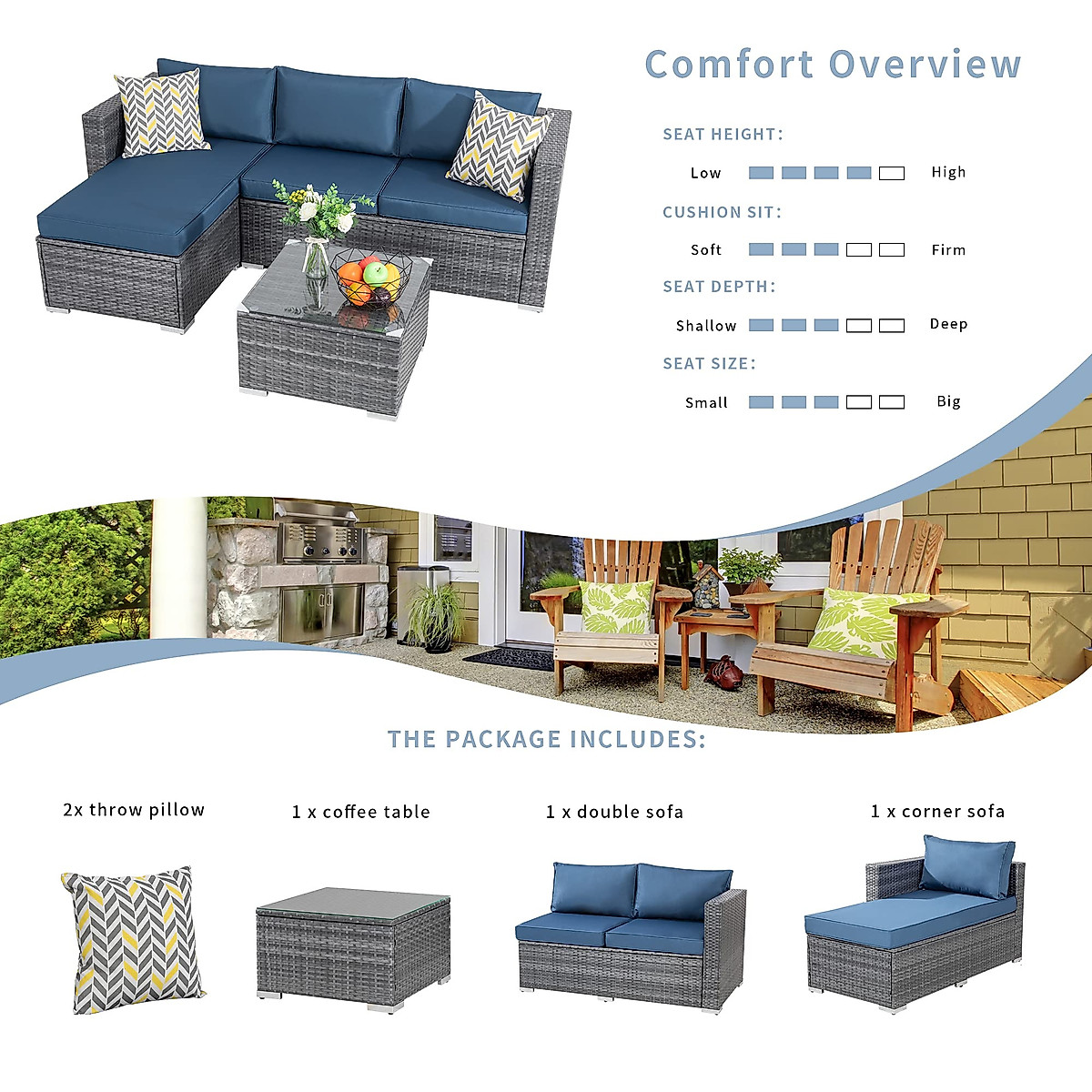 SUNLEI Outdoor Furniture Patio Sets,Low Back All-Weather Small Rattan Sectional Sofa with Tea Table&Washable Couch Cushions&Upgrade Wicker(Silver Rattan) (Aegean Blue)