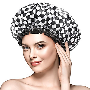 mikimini Large Shower Cap for Women Long Hair, Elegant Chessboard Design,Double-layer Waterproof, Reusable, Washable, No Odor, X-Large