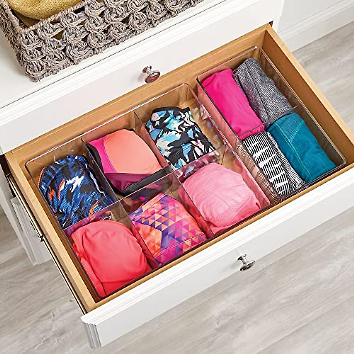mDesign Plastic 2 Compartment Divided Drawer and Closet Storage Bin - Organizer for Scarves, Socks, Bras, and Underwear - Dress Drawer Organizer, Shelf Organization -2 Pack - Clear