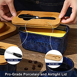 Ceramic Butter Dish Keeper Container - Vicrays Porcelain Airtight Lid Butter Container with Knife for Countertop - Large Butter Keeper Crock for West or East Coast Butter - Blue