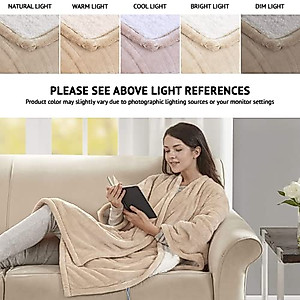 Beautyrest Reversible Sherpa to Fleece Electric Wrap Poncho Blanket Shawl Wearable, Auto Shut Off, Virtually Zero EMF, Multi Heat Setting, UL Certified, Machine Washable, Tan 50" x 64"