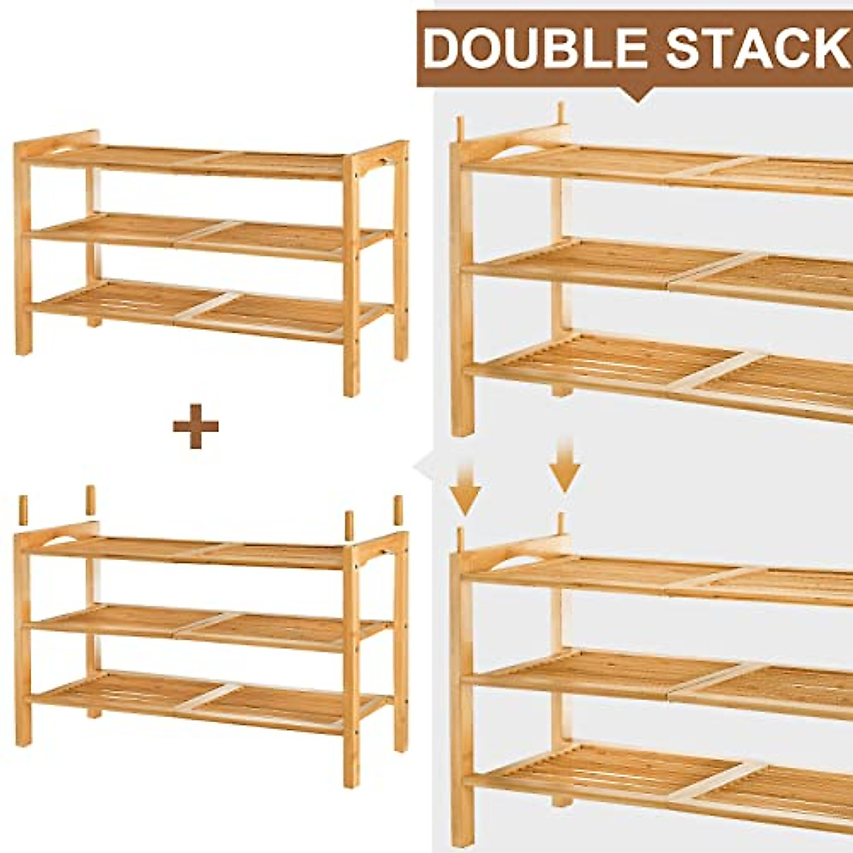 Hiceeden 3 Tier Bamboo Shoe Rack, Stackable Shoe Shelf Storage Organizer Easy to Assemble Shoe Stand for Closet, Entryway, Hallway, Bedroom or Living Room