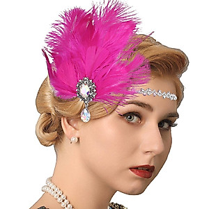 GENBREE 1920s Flapper Headpiece Rose Red Feather Headband Rhinestone Headbands Prom Party Hair Accessories for Women