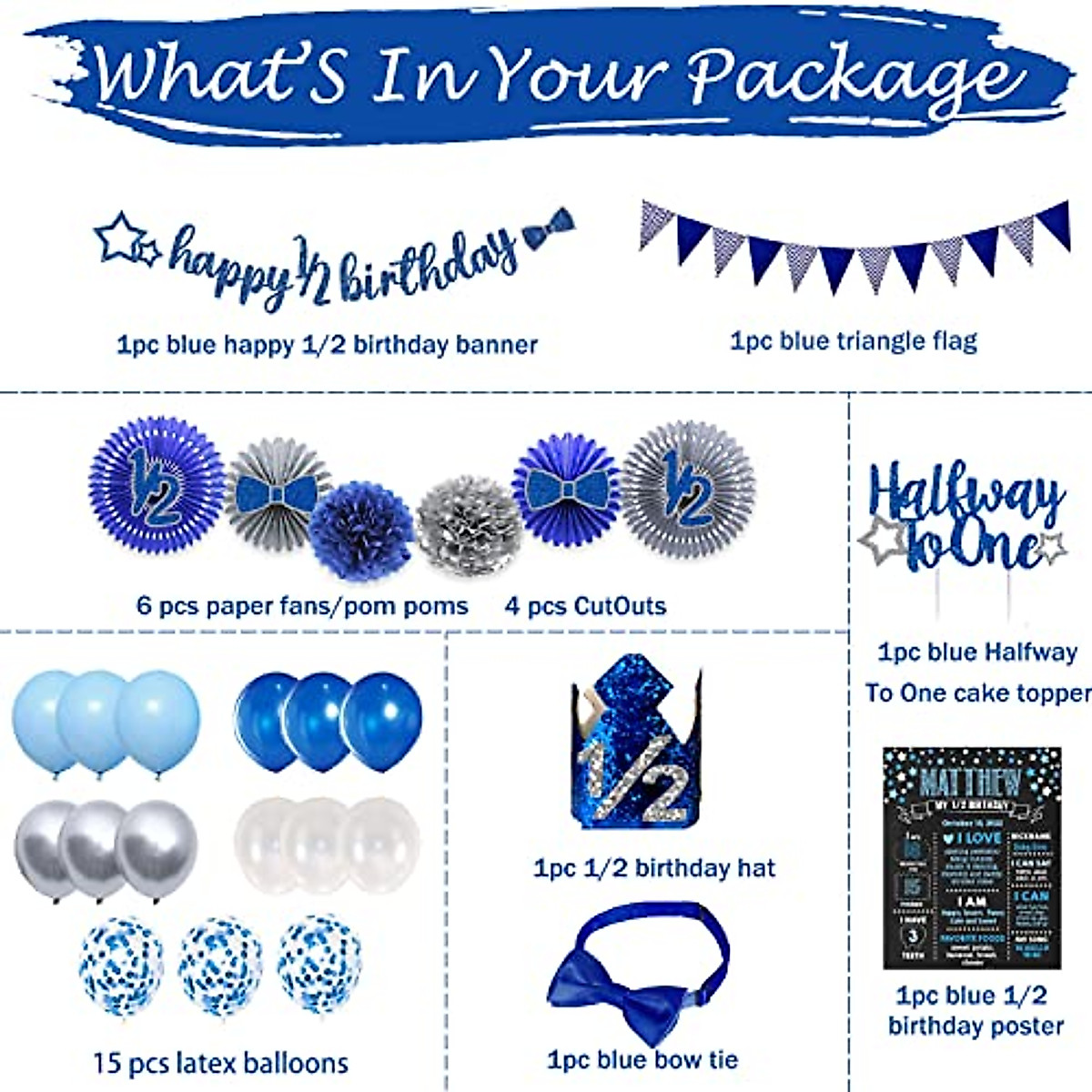 Half Birthday Decorations Baby Boy, Hombae 1/2 Birthday Boy Decorations Supplies, 6 Months Birthday Decorations Boy, Blue Glitter Half Birthday Banner with Triangle Flag Banner, 1/2 Birthday Hat Crown with Blue Bow Tie, Halfway to One Cake Topper, Blue Gr