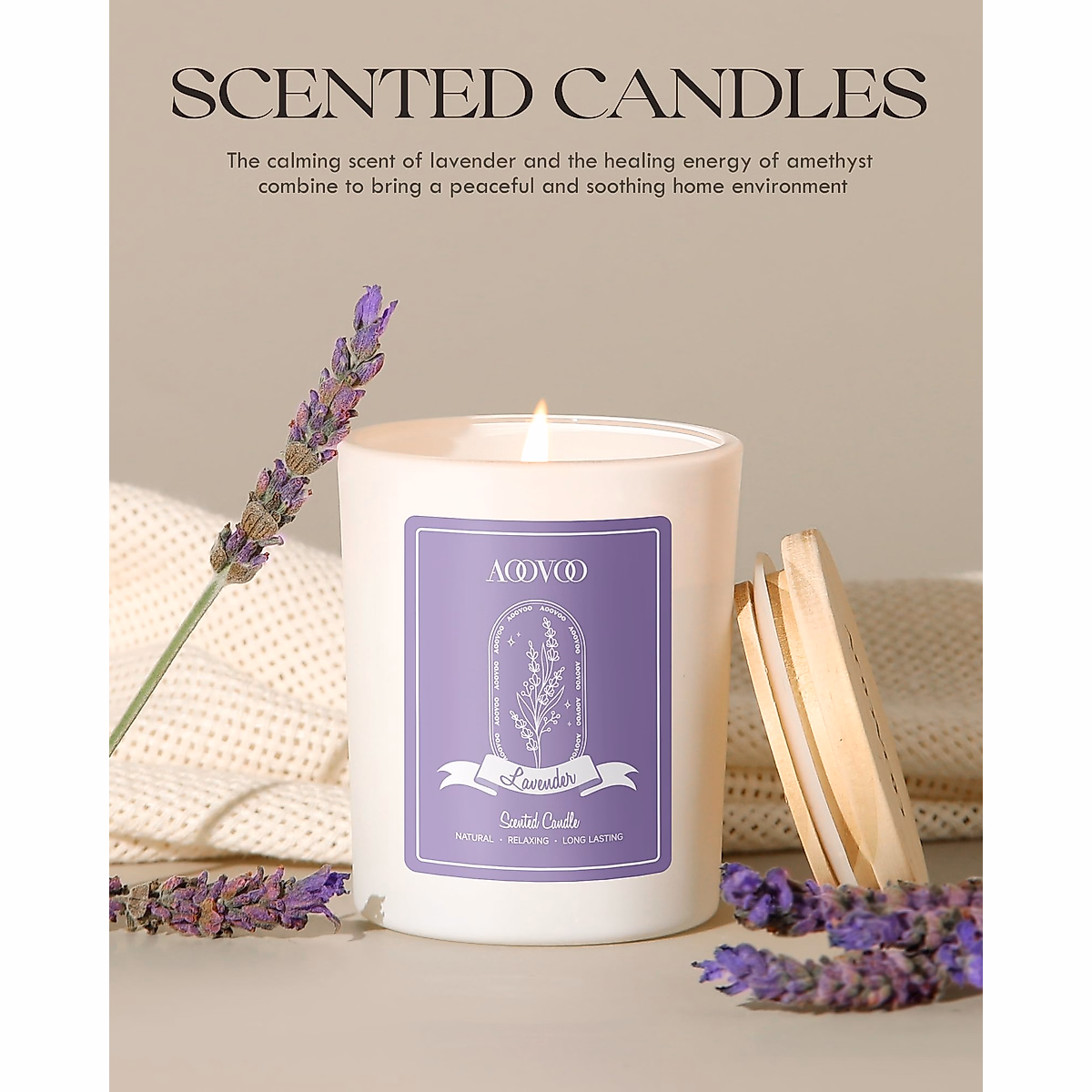 AOOVOO Lavender Scented Candles for Women - Aromatherapy Candle with Crystals Inside, 7oz Soy Candles for Home Scented, Christmas Birthday Gifts Candle for Women Mom