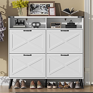 Loomie Shoe Cabinet with 4 Flip Drawers, Farmhouse Shoe Storage Cabinet with 2 Open Cubbies, Freestanding Narrow Hidden Shoe Rack Organizer with Solid Wood Legs for Entryway, Hallway (White)