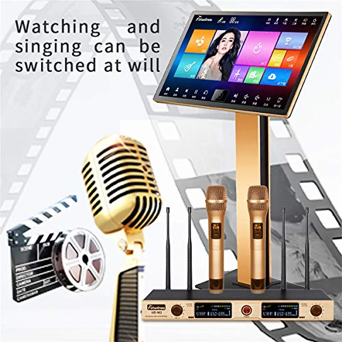DIANXUN Karaoke Player with Wireless Microphone, 22'' Capacitive Touch Screen Intelligent Voice Keying Machine Real-time Score, Professional Karaoke System fit for KTV Bar Home Party