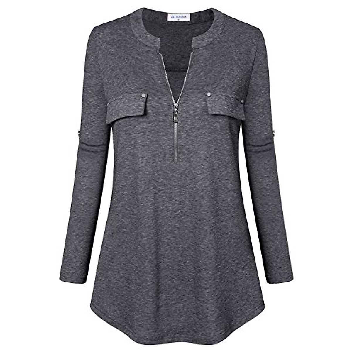 Bulotus Women's Zip Front Long Sleeve Loose Fit Tunic Blouse Casual Top,Grey,Large