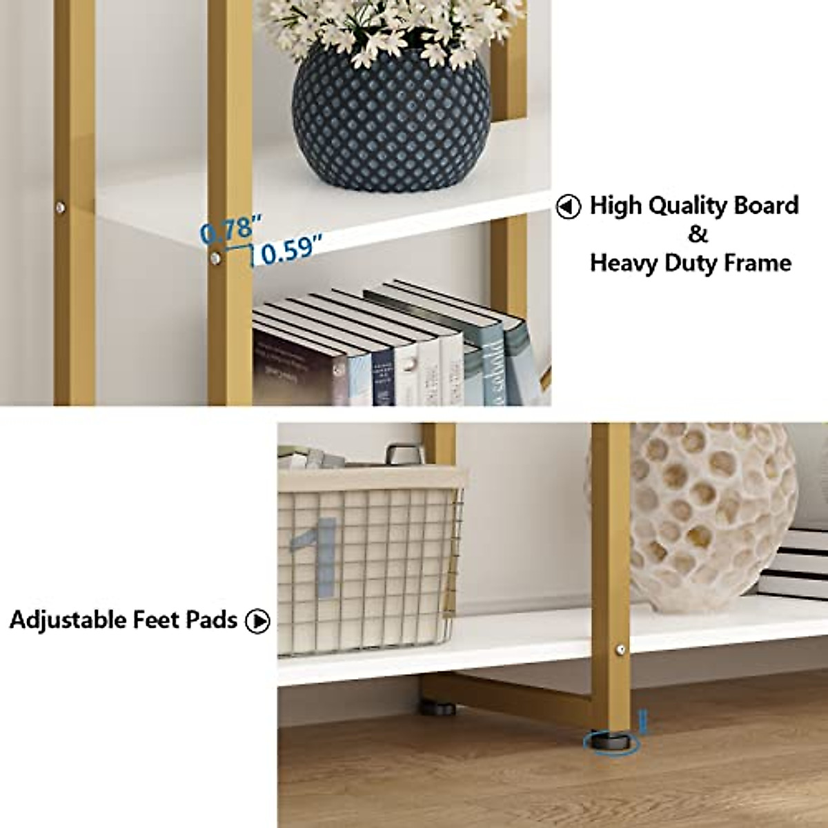 Auromie Triple Wide 5-Tier Bookshelf, 70.87" L x 79.13" H Extra Large Gold Bookcase, Tall Display Shelf with Metal Frame, Freestanding Etagere Storage Display Shelf for Home Office, White Gold