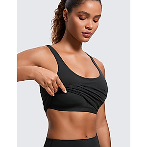CRZ YOGA Womens Butterluxe U Back Longline Sports Bra - Padded Yoga Bra Cami Crop Top Workout Tank Top with Built in Bra Black Small