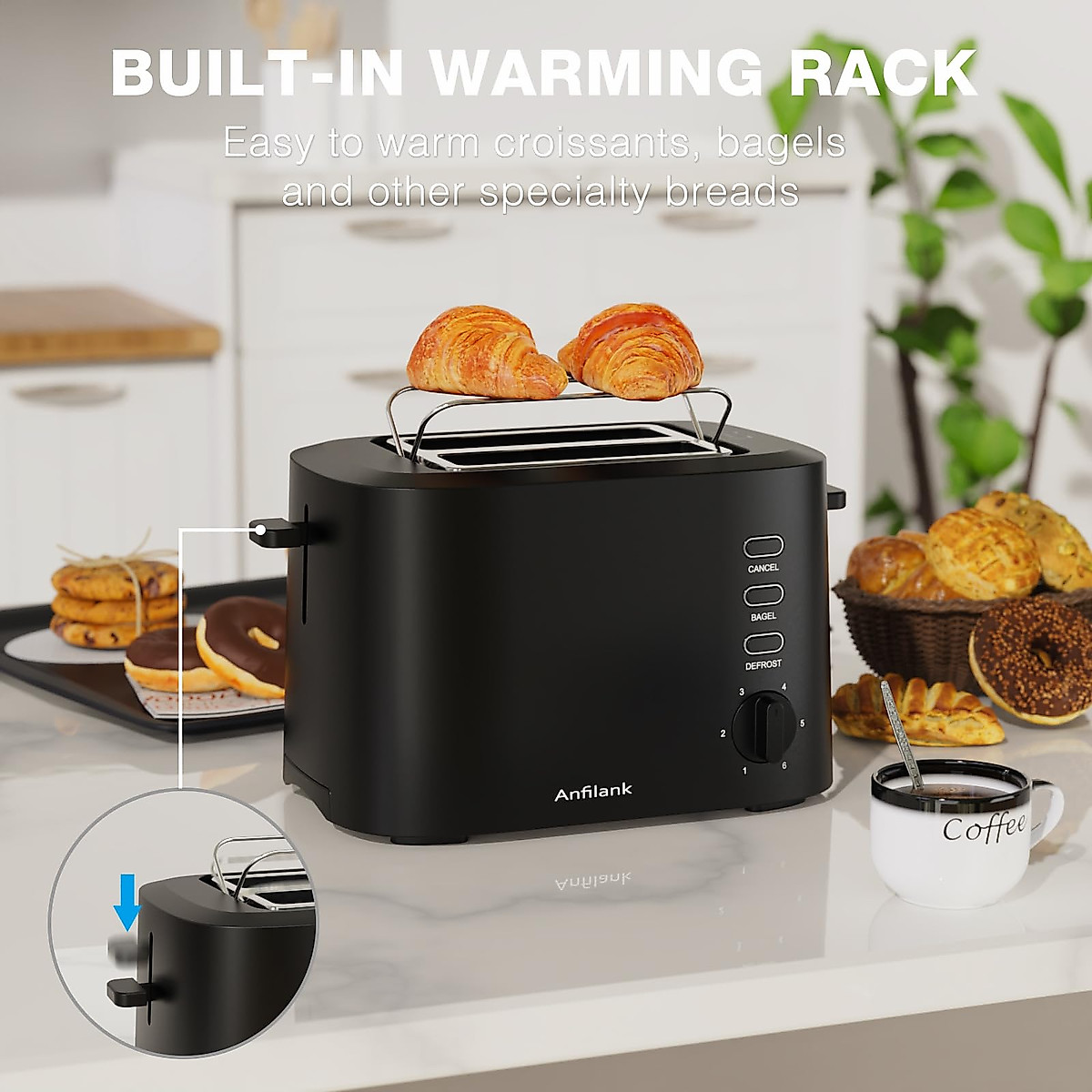 Anfilank Compact 2 Slice Toaster with 1.5" Extra Wide Slots, Built-in Warming Rack & Removable Crumb Tray - 6 Browning Options, with Defrost, Bagel, and Cancel Function - Matte Black