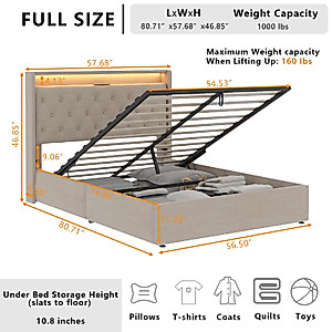 Loomie Full Lift Up Bed Frame with Charging Station & LED Lights, Upholstered Bed with Button Tufted Wingback Storage Headboard, Hydraulic Storage, No Box Spring Needed, Wood Slats Support,Beige