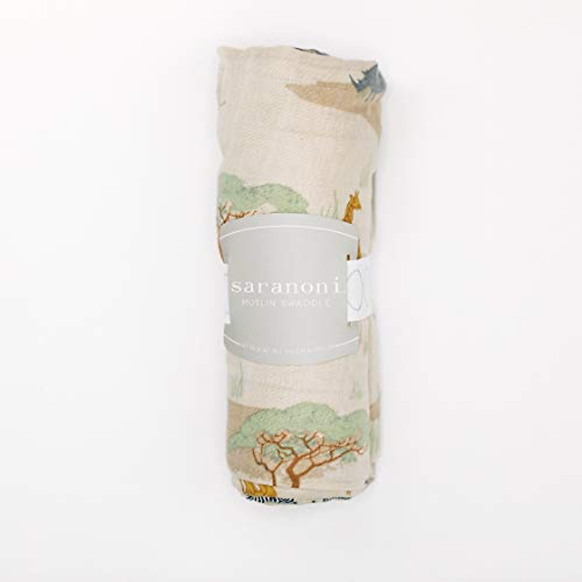 SARANONI Swaddle Blanket with Giraffe, Elephant, Zebra & Rhino Designed Muslin Swaddle Blankets (The Savannah)