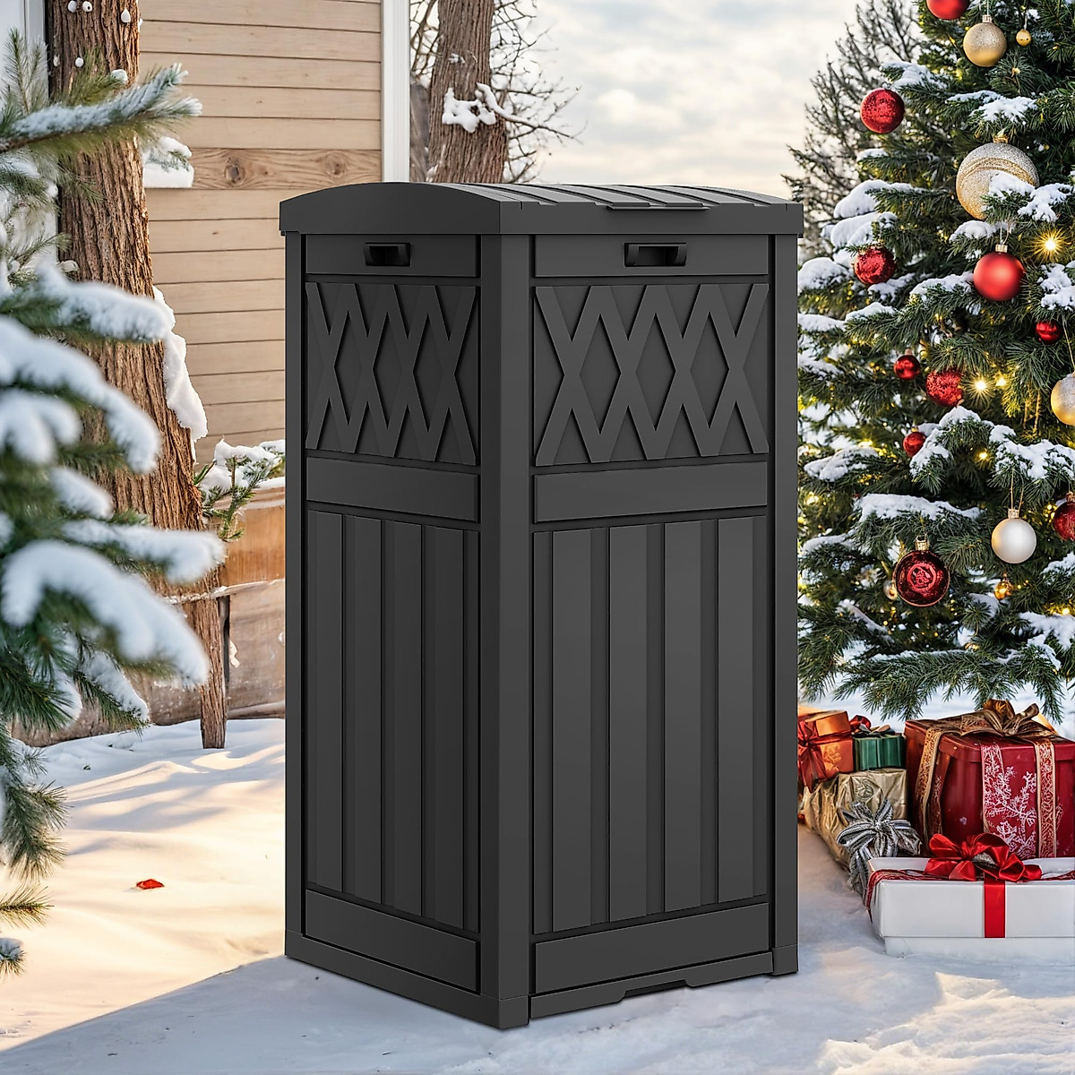 DWVO 33 Gallon Outdoor Trash Can with Tiered Lid and Drip Tray, Waterproof Resin Garbage Can for Patio, Kitchen, Deck and Backyard - Black