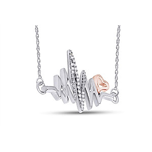Wishrocks Round Cut Diamond Accent Heartbeat with Heart Necklace Jewelry For Women in 14K White Gold Over Sterling Silver Along With 18" Silver Chain