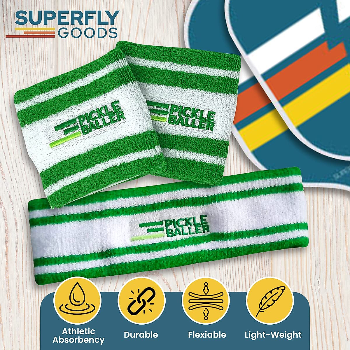 Super Fly Goods Sweatbands Pickleball Golf Tennis 1 Headband 2 Sweat Bands in Set Great Gift or for Your Sports or Team (Pickleball Head & Wristband Set)