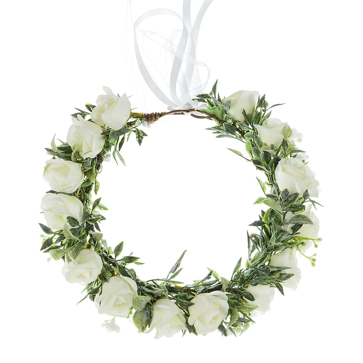 Funsveta Floral Headpiece Garland Halo Maternity Photo Shoot Flower Crown Eucalyptus Leave Headband Wedding Headpiece (Green Leaf and White)