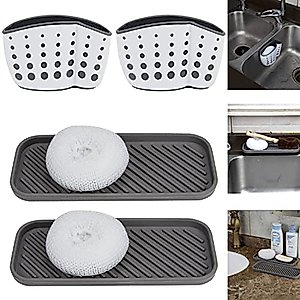 Kmass Kmax 6pack Kitchen Sink Suction Sponge Holder and silicone sponge holder with 2 nylon dish scoring pads bathroom Kitchen Soap Tray for Dish Scrubber sink caddy Organizer Sponge for Kitchen Sink