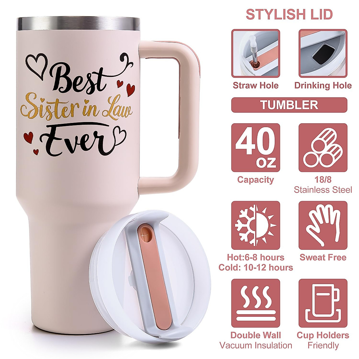 VoziSpace Best Sister-in-Law Tumbler Birthday Gifts for Women, Mother’s Day Stainless Steel Insulated Travel Cup with Lid, Funny Gift for Sister-in-Law