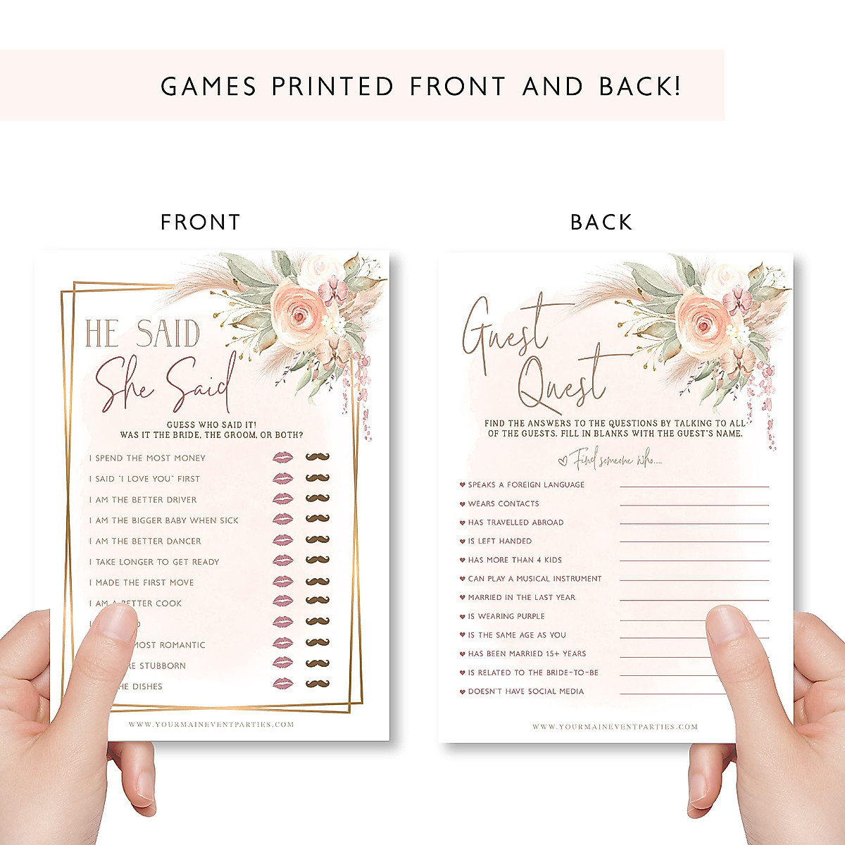 Your Main Event Prints Boho Bridal Shower Bachelorette Games - Floral Neutral Theme - He Said She Said, Find The Guest, Would She Rather, What's In Your Phone - 25 Games Each, 1 Game Per Side