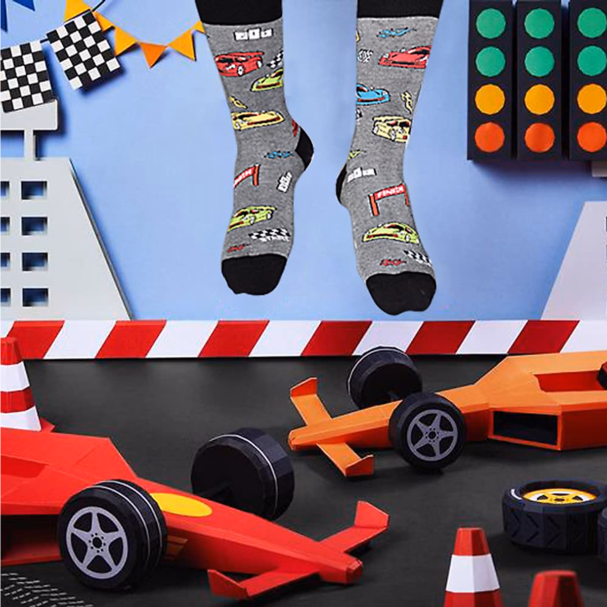 GOLIN Men Funny Race Car Crew Socks, Nascar f1 Racing Gift for Car Lover Dad Teen Boys