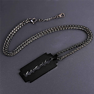 U7 Punk Jewelry Edgy Necklace with Black Wheat Rope Chain Ion Plating Black Men Razor Blade Pendant