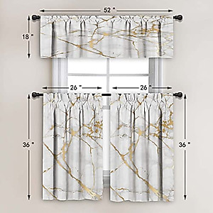 MCALK Luxury Gold Marble Kitchen Curtains Tiers and Valances Set 3 Piece for Windows White Background Kitchen Window Curtains Set,Modern Vintage Style Valances for Living Room(36" Tiers Set)