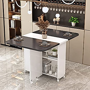 ZOUXIKOU Folding Dining Table Drop Leaf Table with 6 Wheels, Kitchen Table with 2-Layer Storage Shelves, Multifunctional Extension Space Saving Dinner Table for Bedroom Dining Room Home