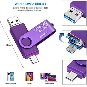 64GB 3 in 1 USB 3.0 Flash Drive Photo Stick for Android Phones, BorlterClamp OTG Memory Stick with 3 USB Ports (USB C, microUSB, USB A) for Samsung Galaxy, LG, Tablets, PC and More, Purple