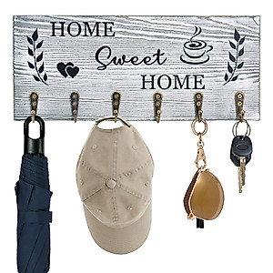 AHYS Key Holder Wall Mount Rustic Home Sweet Home Sign with Key Holder for Wall Decor Key Hanger Key Rack with 6 Key Hooks Wall Key Holder for Entryway Living Room Bedroom - Grey