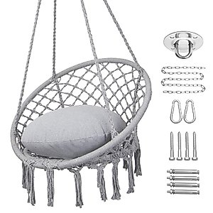Y- STOP Hammock Chair Macrame Swing, Max 330 Lbs, Hanging Cotton Rope Hammock Swing Chair for Indoor and Outdoor Use, Light Grey