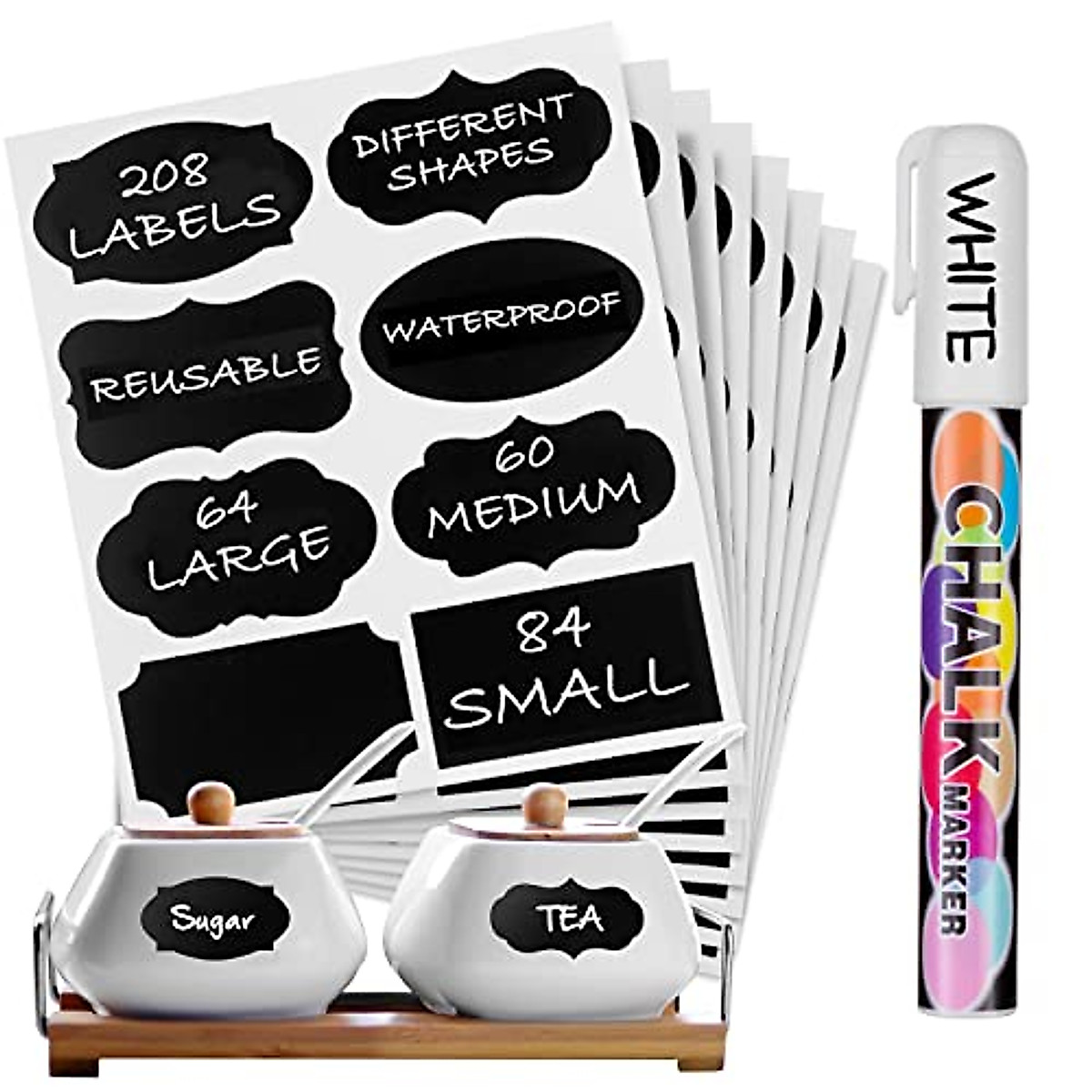 208PCS Chalkboard Labels Stickers, Waterproof Removable Erasable Decorative Premium Label Sticker with Chalk Marker for Pantry,Bottles,Mason Jars,Containers,Organize Your Kitchen&Office