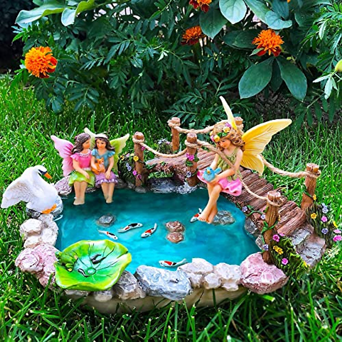Mood Lab Fairy Garden Fish Pond Kit - Miniature Bridge Set of 6 pcs Fairy Garden Figurines & Accessories - Outdoor or House Decor
