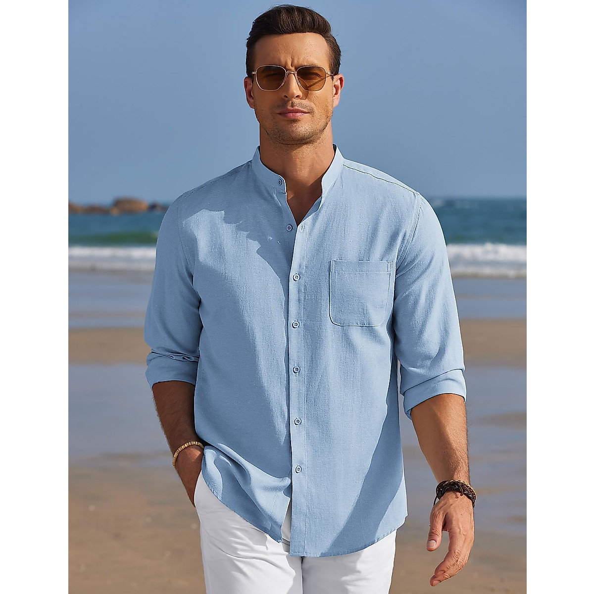 COOFANDY Mens Cotton Linen Mandarin Collar Shirts Long Sleeve Button Down Chambray Shirt Sky Blue