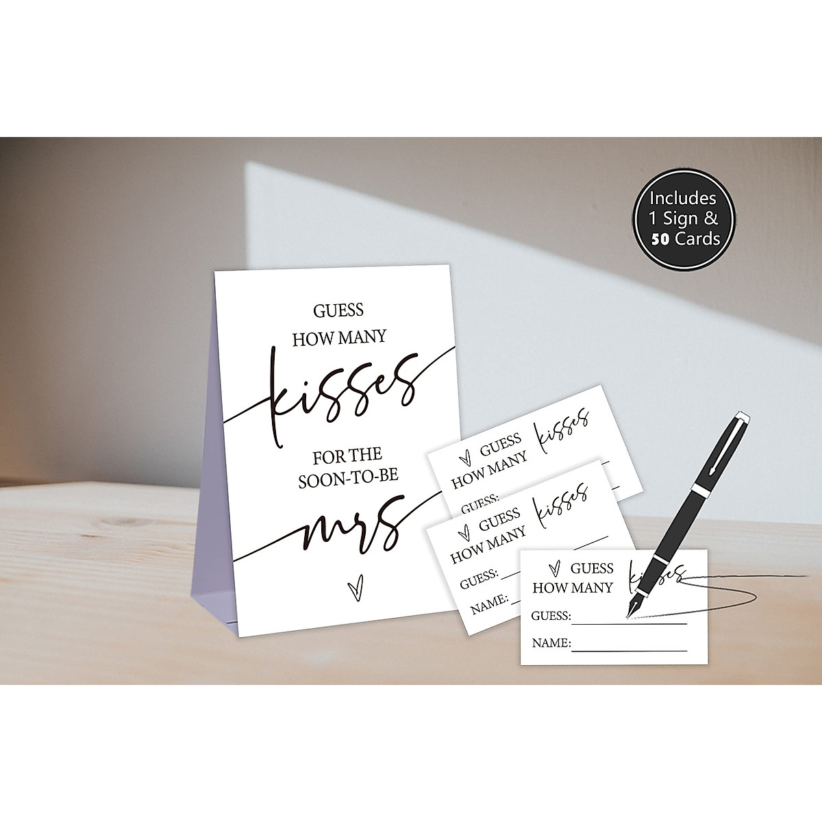 Guess How Many Kisses Bridal Shower Game,Minimalist Bridal Shower Game,Wedding Shower Games,Bachelorette Party Night,Bridal Shower Games Ideas,1 Sign & 50 Cards Set-A43