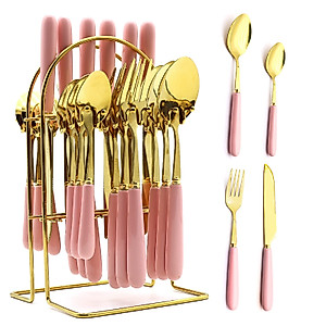 Gold Silverware Set, Caliamary 24 Pieces Flatware Set with Silverware Holder, Stainless Steel Knives and Forks and Spoons Cutlery Set Service for 6, Kitchen Utensil Tableware Set with Pink Handle