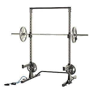 Fitness Reality Squat Rack Power Cage with J-Hooks, Landmine 360° Swivel, Weight Plate Storage Attachment and Power Band Pegs grey