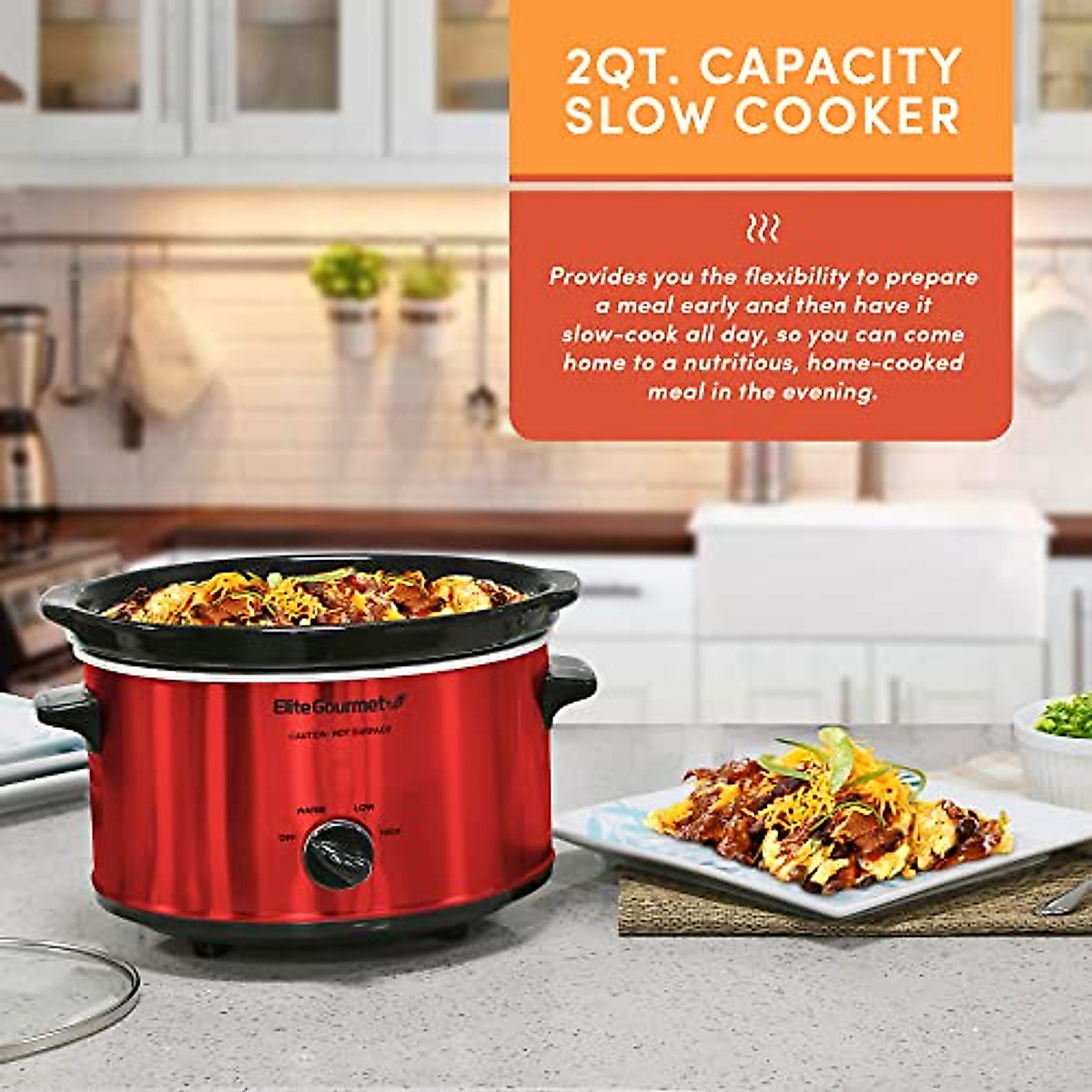 Elite Gourmet MST-275XR Electric Oval Slow Cooker, Adjustable Temp, Entrees, Sauces, Stews & Dips, Dishwasher Safe Glass Lid & Crock (2 Quart, Metallic Red)